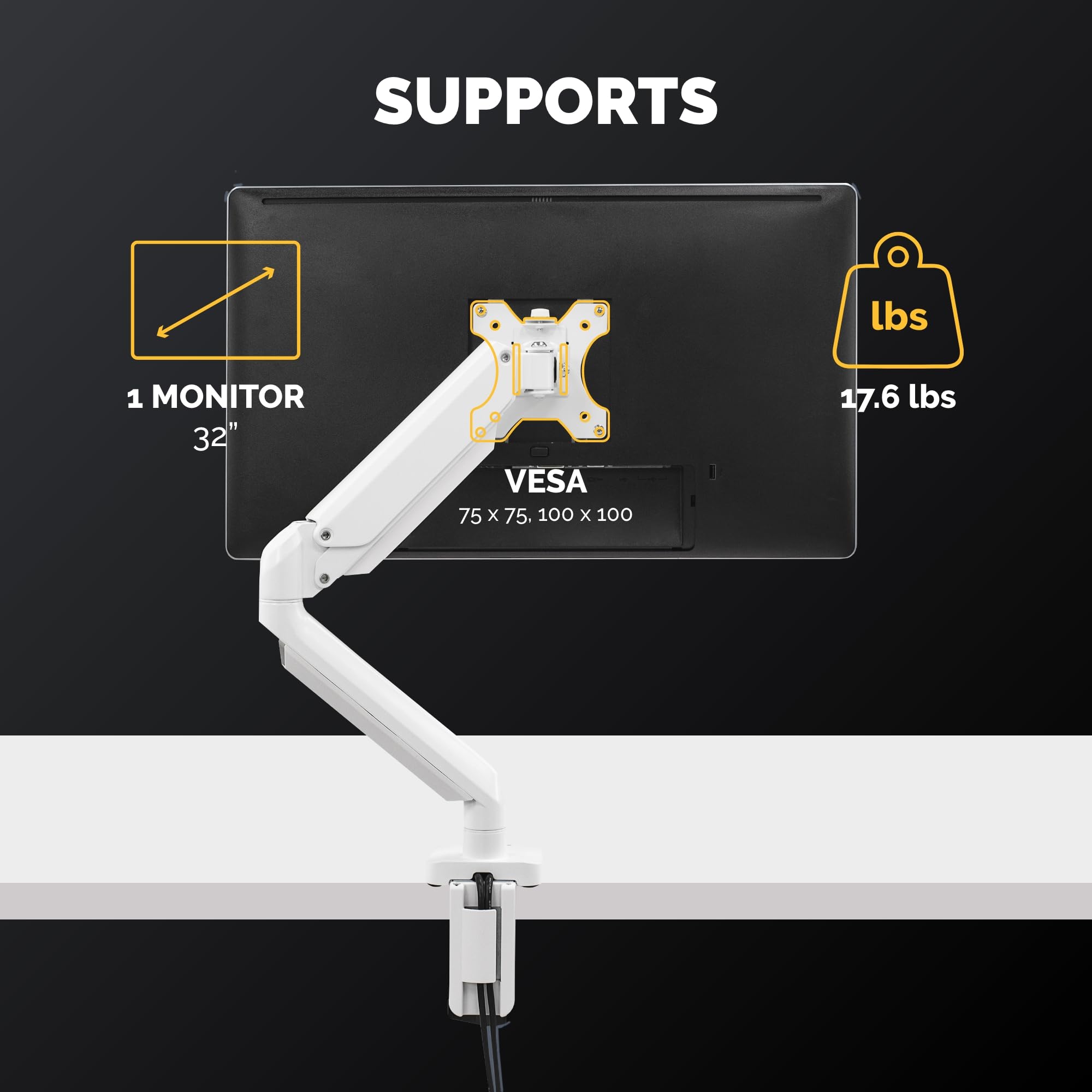 Fellowes Platinum Series Single Monitor Arm for 32-Inch Monitors, Full Motion, 360° Rotation, VESA Mount with Grommet or Clamp, USB Ports, Ergonomic, White, 8056201