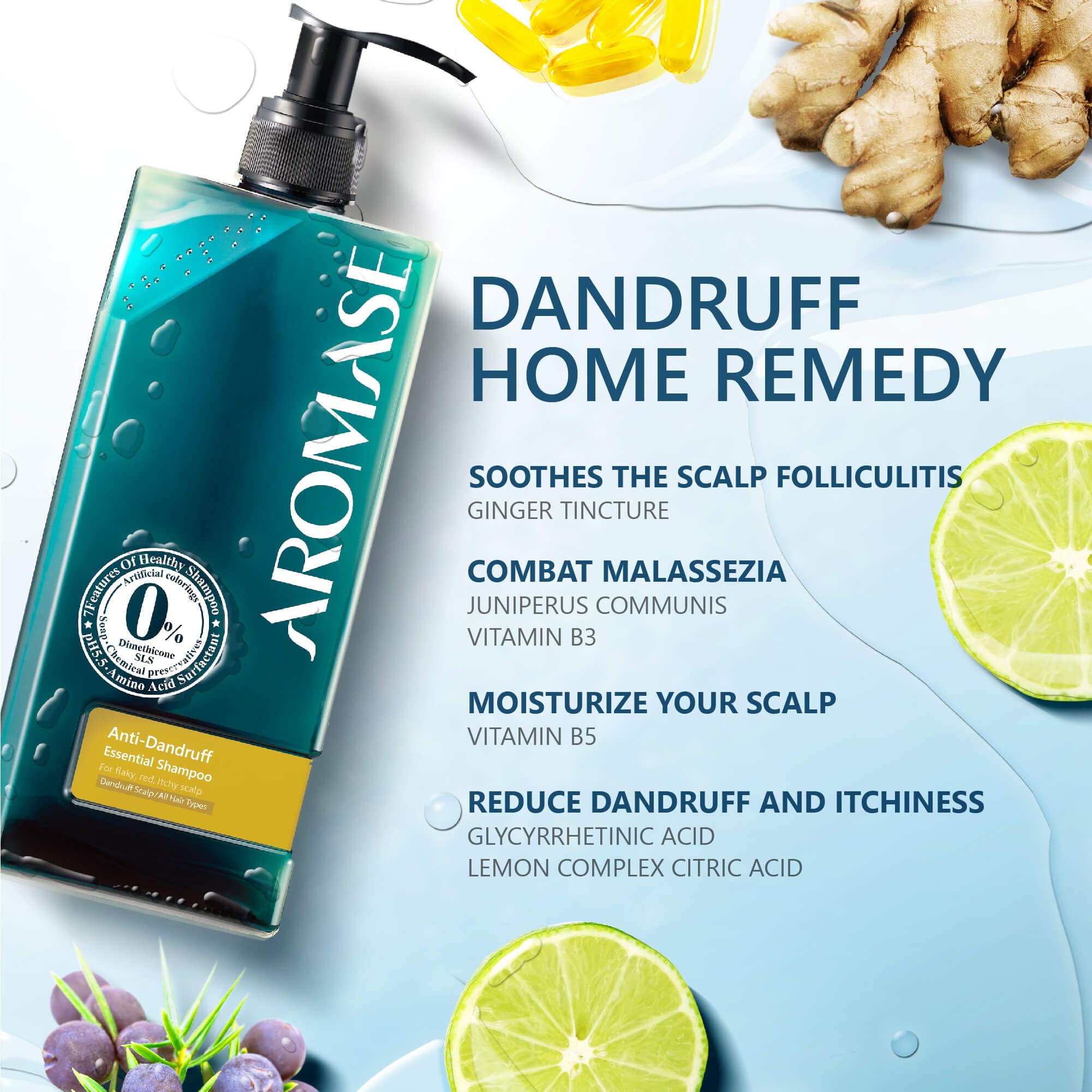 Aromase Oily Dandruff Solution Kit (5α Juniper Scalp Purifying Liquid Shampoo 9.1 Fl Oz + Oily Dandruff Solution Essential Shampoo 14 Fl. Oz) for Dermatitis, Oily itchy Scalp…