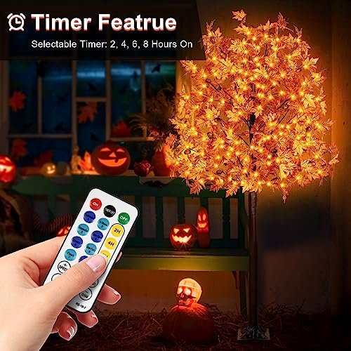 7FT 170 LED Lighted Maple Tree - Thanksgiving Decor Artificial Fall Tree with 17 Branches, 17 Acorns 340 Leaves, Remote 8 Flashing Modes, Timing, DC 5V Safe for Outdoor Wedding Party Autumn DecorâŠ