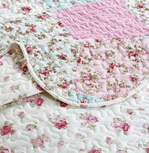 Brilliant Sunshine Pink and Green Rose Patchwork, 2-Piece Quilt Set with 1 Sham, Reversible Bedspread, Soft Lightweight Coverlet, All-Season, Twin, Pink Green