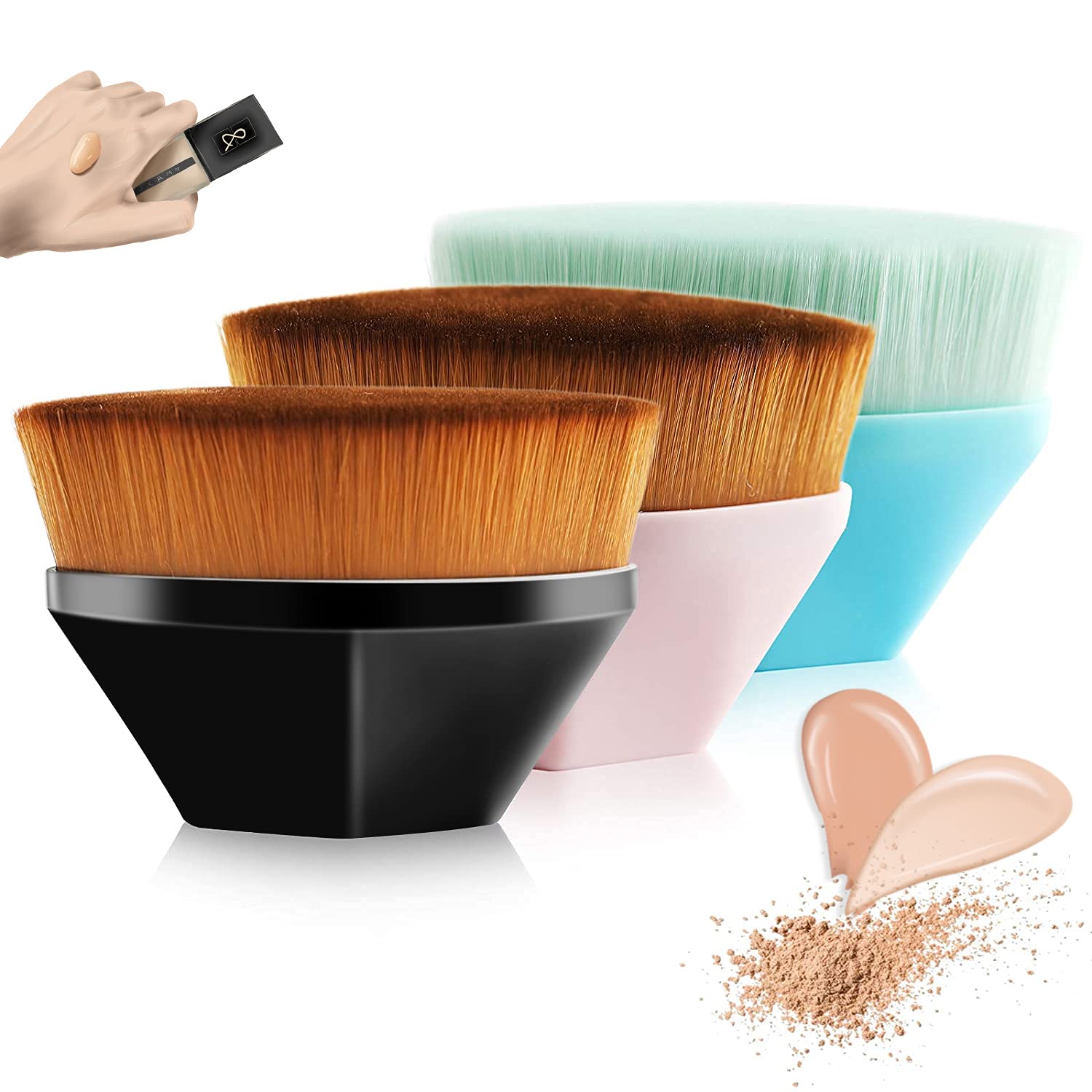 3 Pack Magic Foundation Brush Petal No Trace Makeup Brush High Density Seamless Foundation Brush BB Cream Makeup Brush Loose Powder With Storage Box(Black.Pink.Light blue)