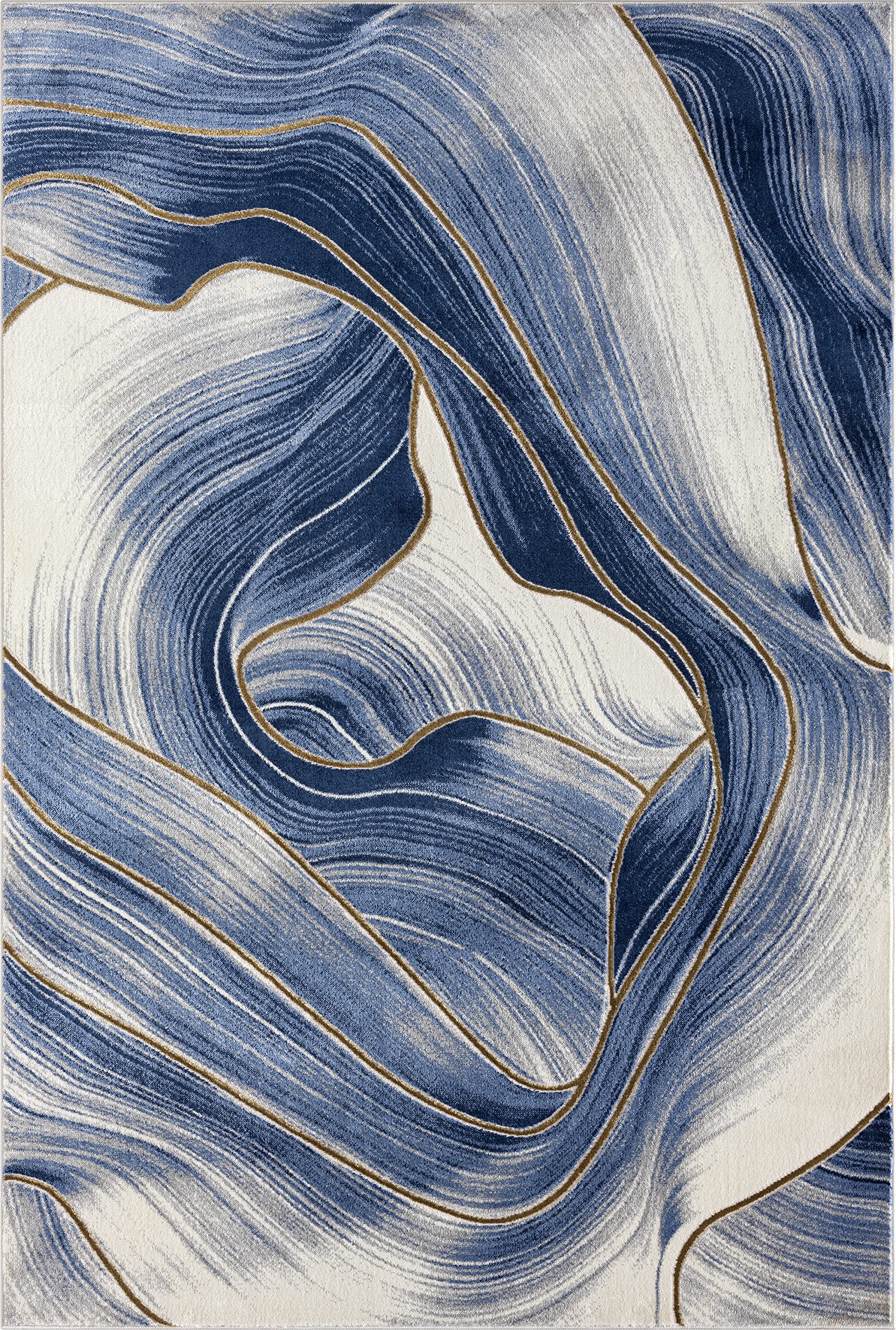 Abani Blue & Ivory Metallic Contemporary Ribbon Area Rug, Rugs Swirl Design Neutral Non-Shed 6' x 9' Bedroom Rug