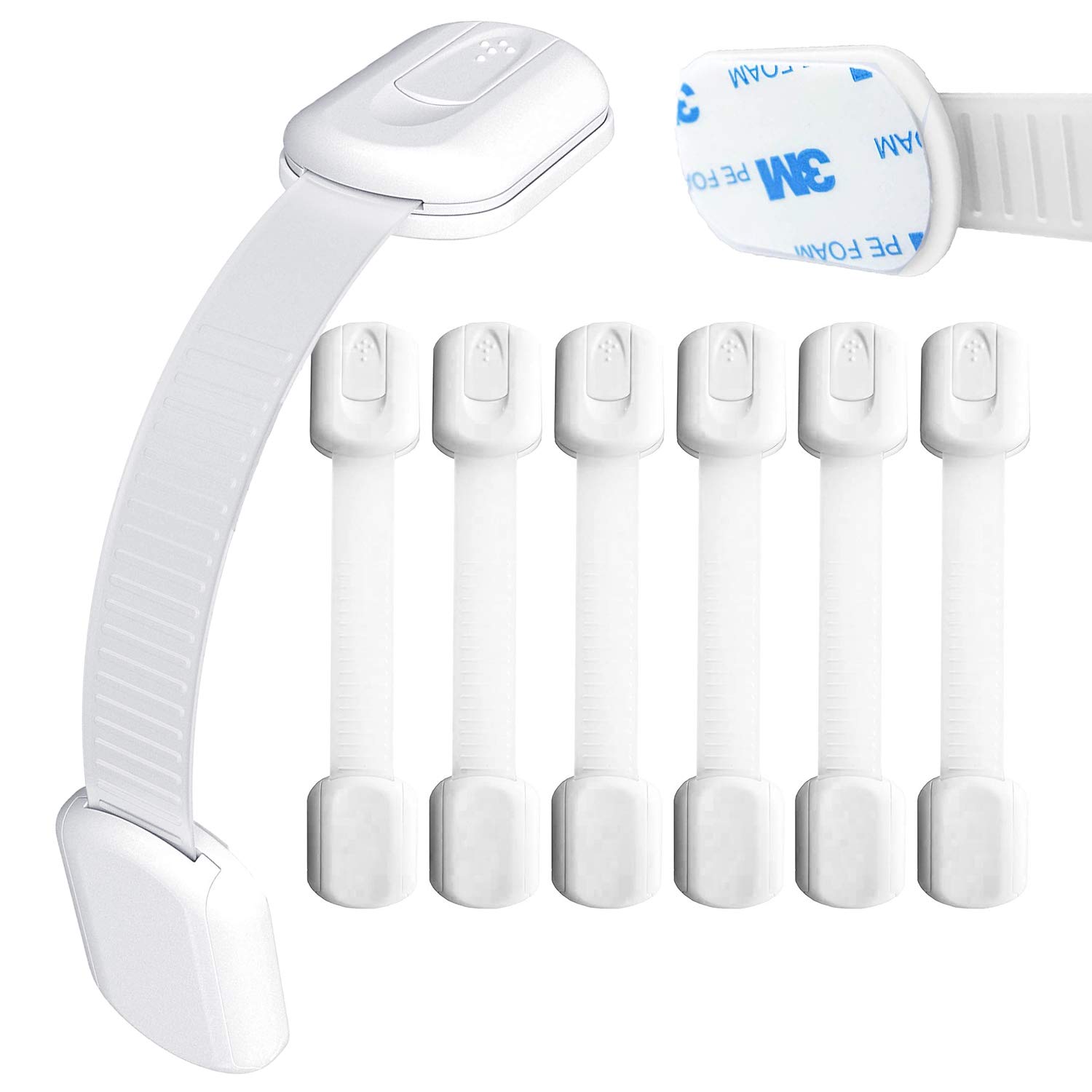Baby Safety Locks | Child Proof Cabinets, Drawers, Appliances, Toilet Seat, Fridge and Oven | Tools Not Required | Uses 3M Adhesive with Adjustable Strap and Latch System (6-Pack, White)