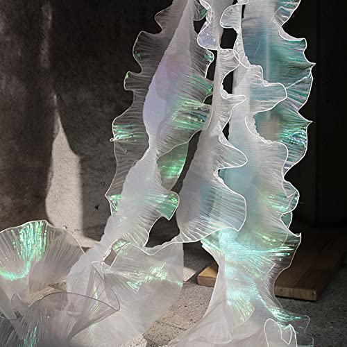 5 Yards Retro Ruffle Pleated Chiffon Trim Dress Bag Decoration Tulle Fabric Applique Trimming Craft Sewing (Iridescent White)