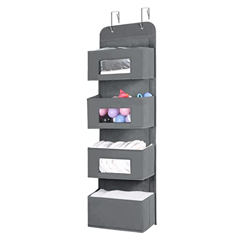 4-Shelf Over The Door Hanging Organizer with 2 Metal Hooks,4 Pocket Over The Door Wall Mount Storage with Clear Windows for Baby Nursery Bathroom Closet,Bedroom,Dorm, Diapers,Kids Toys (Gray)