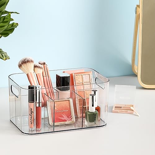 5-Compartment Clear Plastic Bin - Divided Cosmetic Makeup Caddy Organizer - Multiuse Storage Container for Vanity, Bathroom, Kitchen, Pantry, Office, Craft, Utensil, Shower, Cleaning Items, (1 Pack)