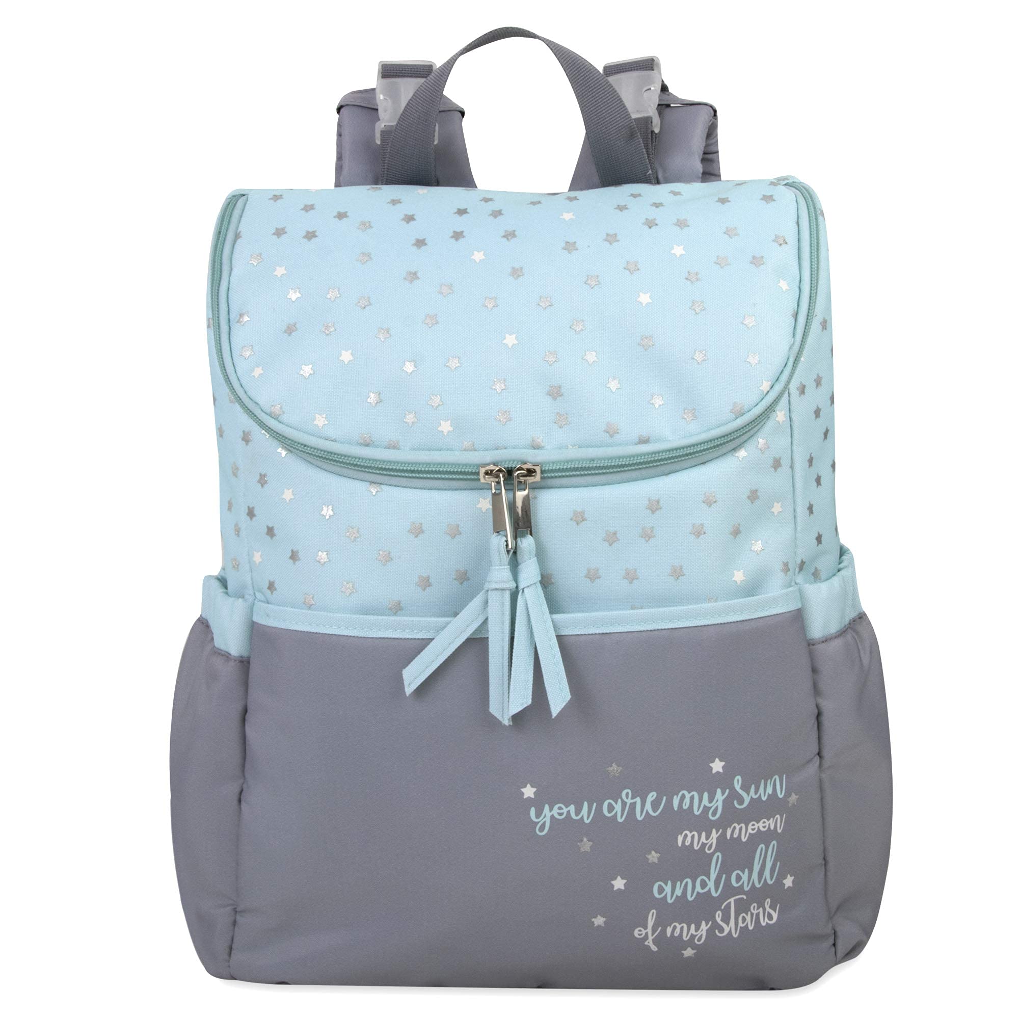 Baby Essentials Diaper Bag Backpack 5 Piece Set with Sun, Moon, and Stars, Wipes Pocket, Stroller Straps, Dirty Diaper Pouch, Changing Pad (Grey/Blue Backpack)