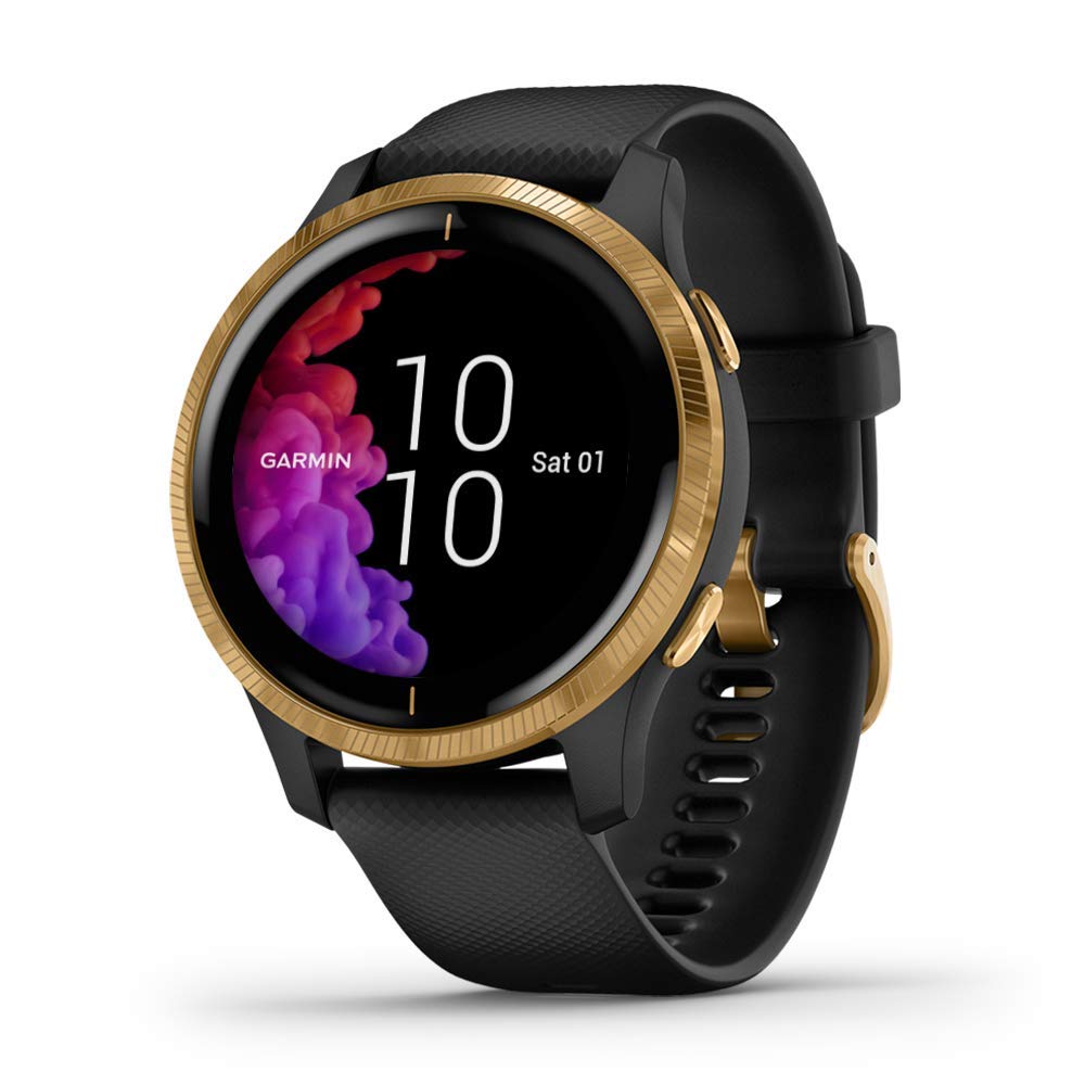 Garmin Venu GPS Smartwatch with Bright Touchscreen Display, Music, Body Energy Monitoring, Animated Workouts, Pulse Ox Sensor, Gold with Black Band (Renewed)