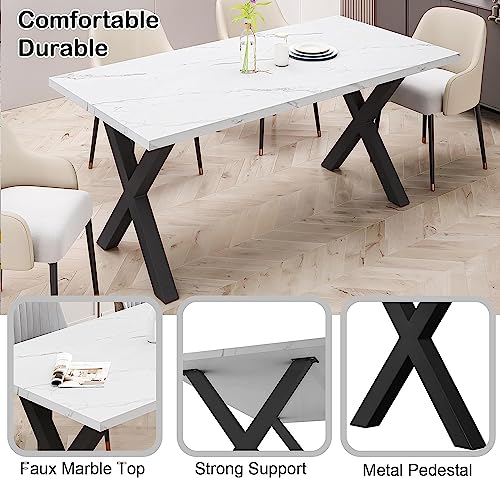 70.87" Faux Marble Dining Table, Modern Rectangular Dining Table with Printed Marble Table Top and X-Shape Stainless Steel Table Leg/Metal Base for Kitchen & Dining Room(White Top+ Black Legs)
