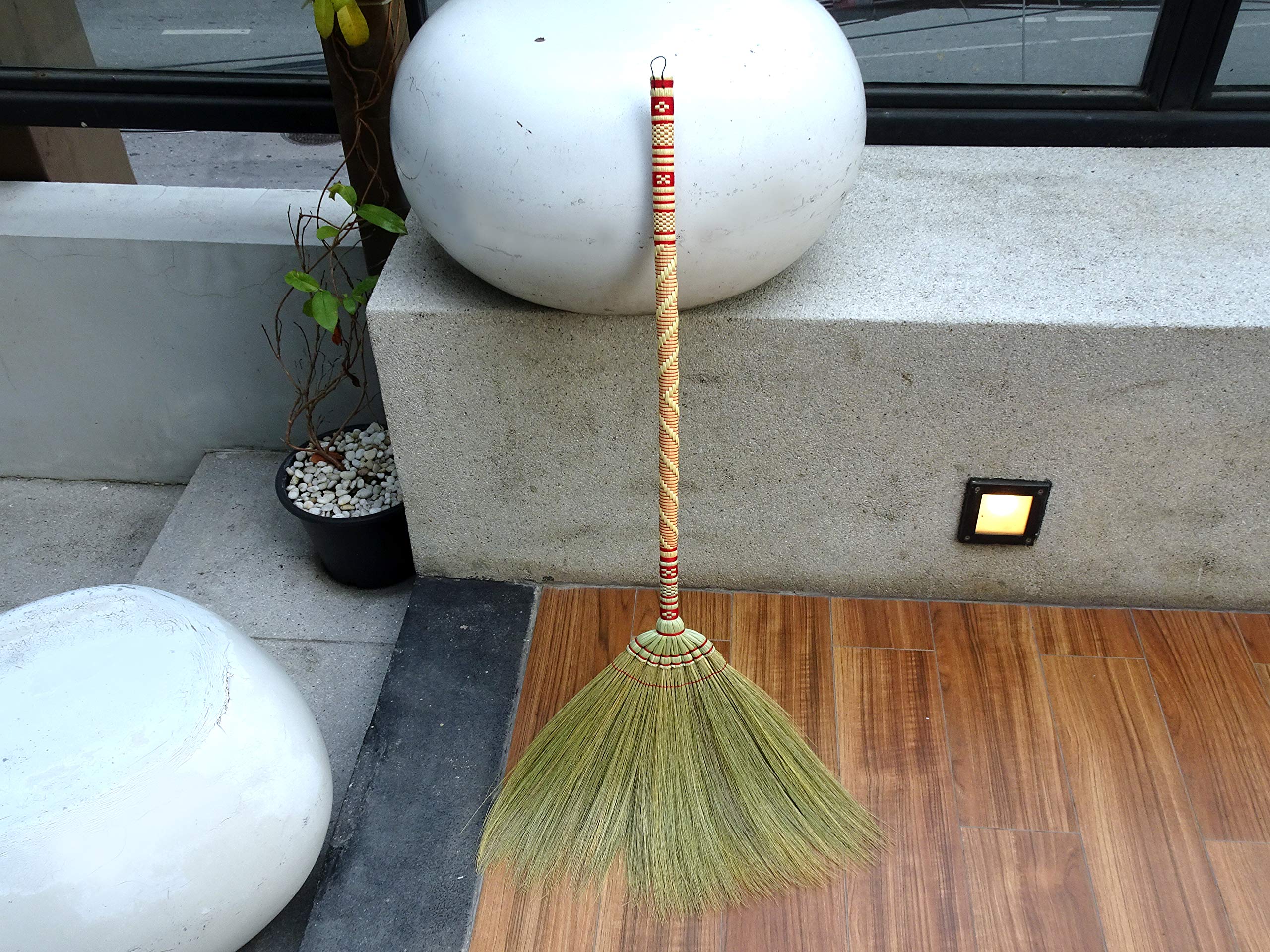 Asian Thai Handmade Broom ONE Piece Selected at Random for Sweeping Natural Grass & Wood Handle Corn Broom + 100% Calico Cotton Duster Cover (Various Styles and Colours as Pictured)