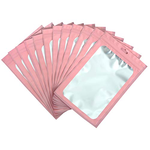 EONJOE 100-pack mylar packaging bags for small business sample bag smell proof resealable zipper pouch bags jewelry food Lip gloss eyelash phone case bracelet keychain package supplies etc -front frosted window -cute (Pink, 2.75×3.93 inches)