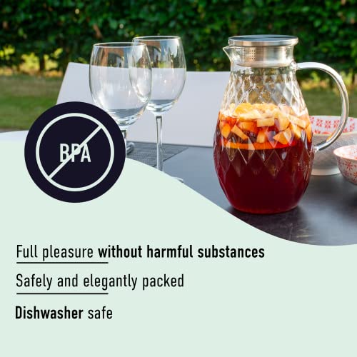 Borosilicate Glass Pitcher with Lid and Spout - 68 Ounces Cold and Hot Water Carafe with Unique Diamond Pattern, Beverage Pitcher for Homemade Iced Tea and Juice.