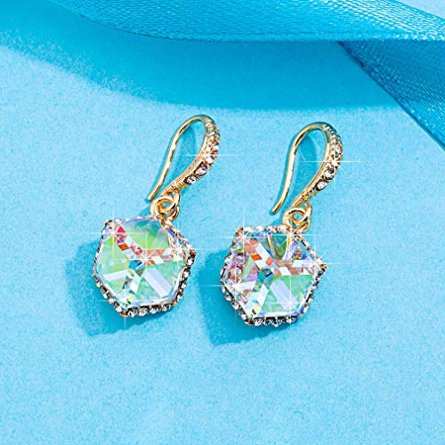 Austrian Crystal Cube Drop Dangle Earrings for Women 14K Gold Plated Hypoallergenic Jewelry (Aurora Borealis)