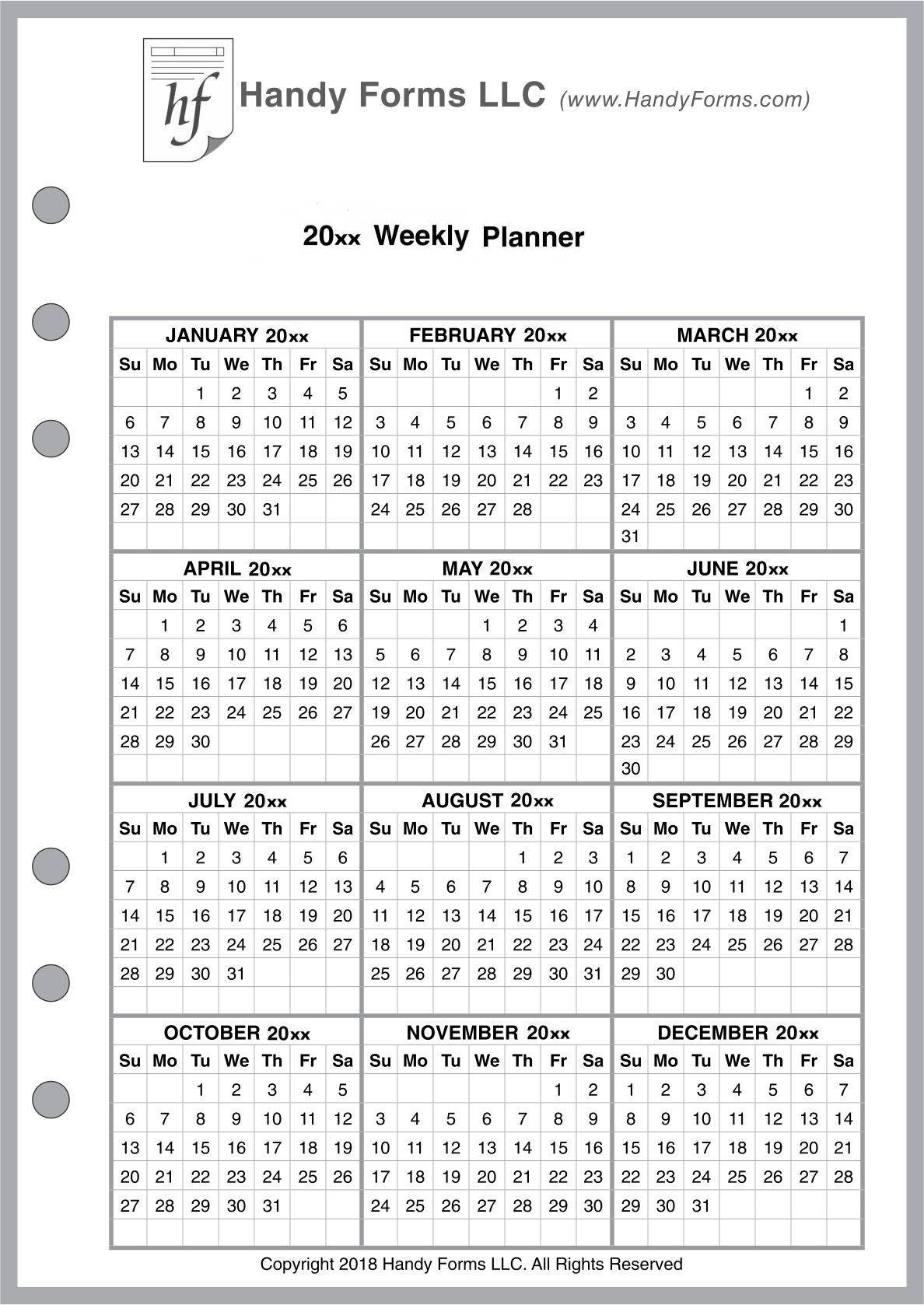 2022 Weekly Planner for A5 Size notebooks by FiloFax, Kikki-K, and Others. 1 Page Per Week, Week Starts on Sunday. Style D, no Lines.