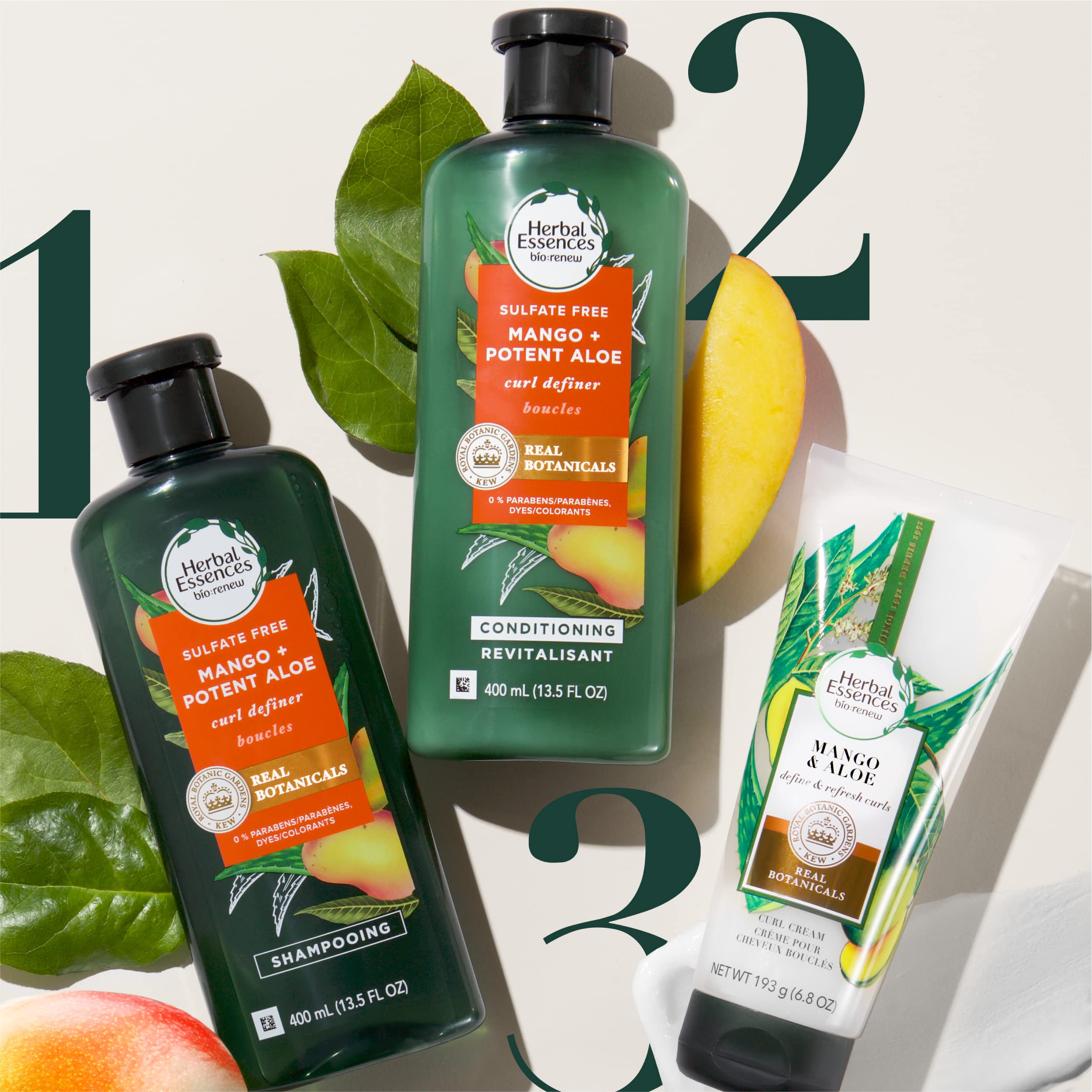 Herbal Essences bio:renew Sulfate Free Shampoo & Conditioner 13.5 Fl Oz each, and Curl Cream 6.8 Fl Oz Set – With Mango + Potent Aloe, Complete Curly Hair Care for Defined Curls