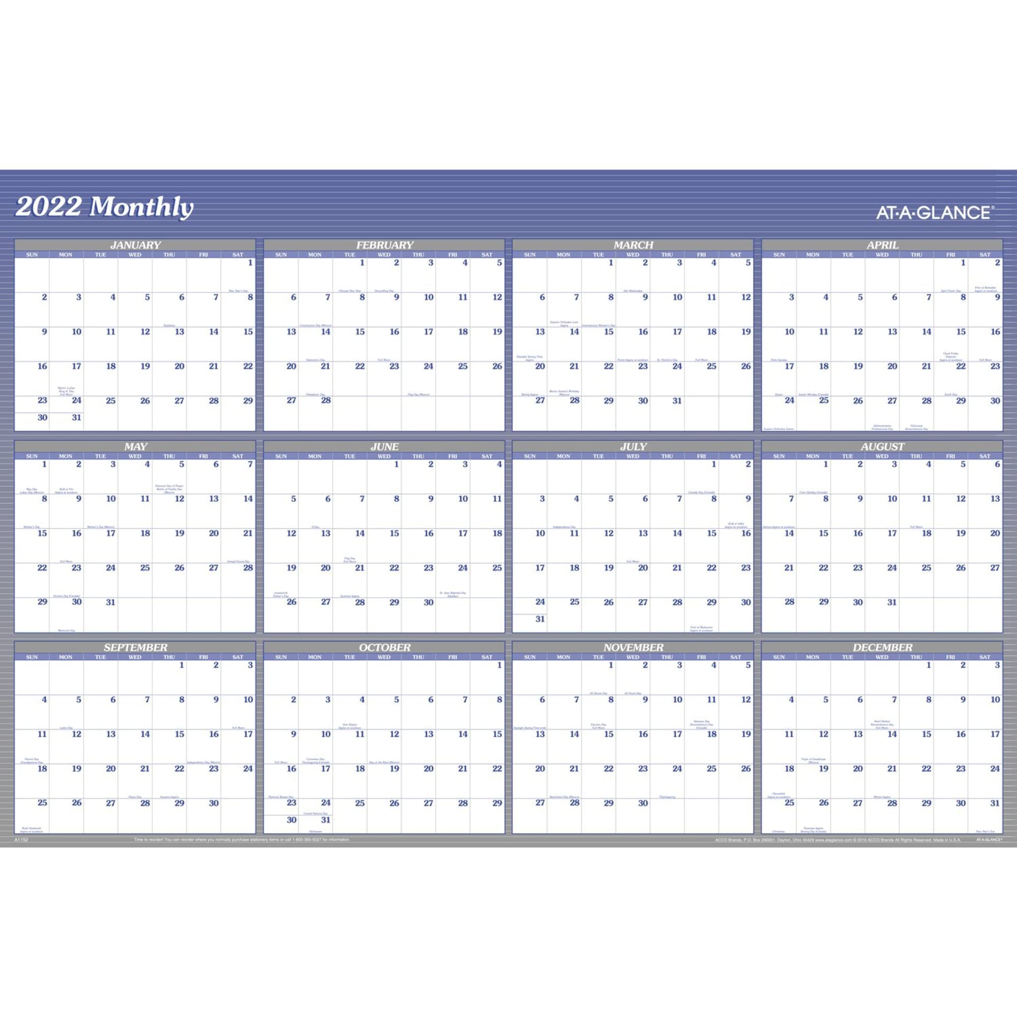 2022 Erasable Calendar, Dry Erase Wall Planner by AT-A-GLANCE, 48" x 32", Jumbo, Vertical/Horizontal, Reversible, Blue (A1152)