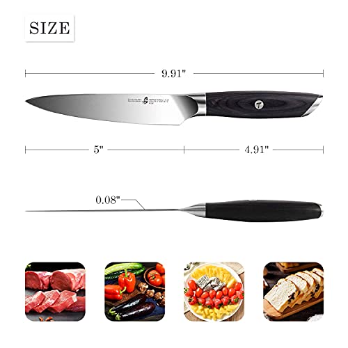 TUO Kitchen Utility Knife - 5 inch Kitchen Cooking Knife Paring Knife- German HC Steel Non-Serrated Steak Knife - Full Tang Pakkawood Handle - Falcon Series with Gift Box