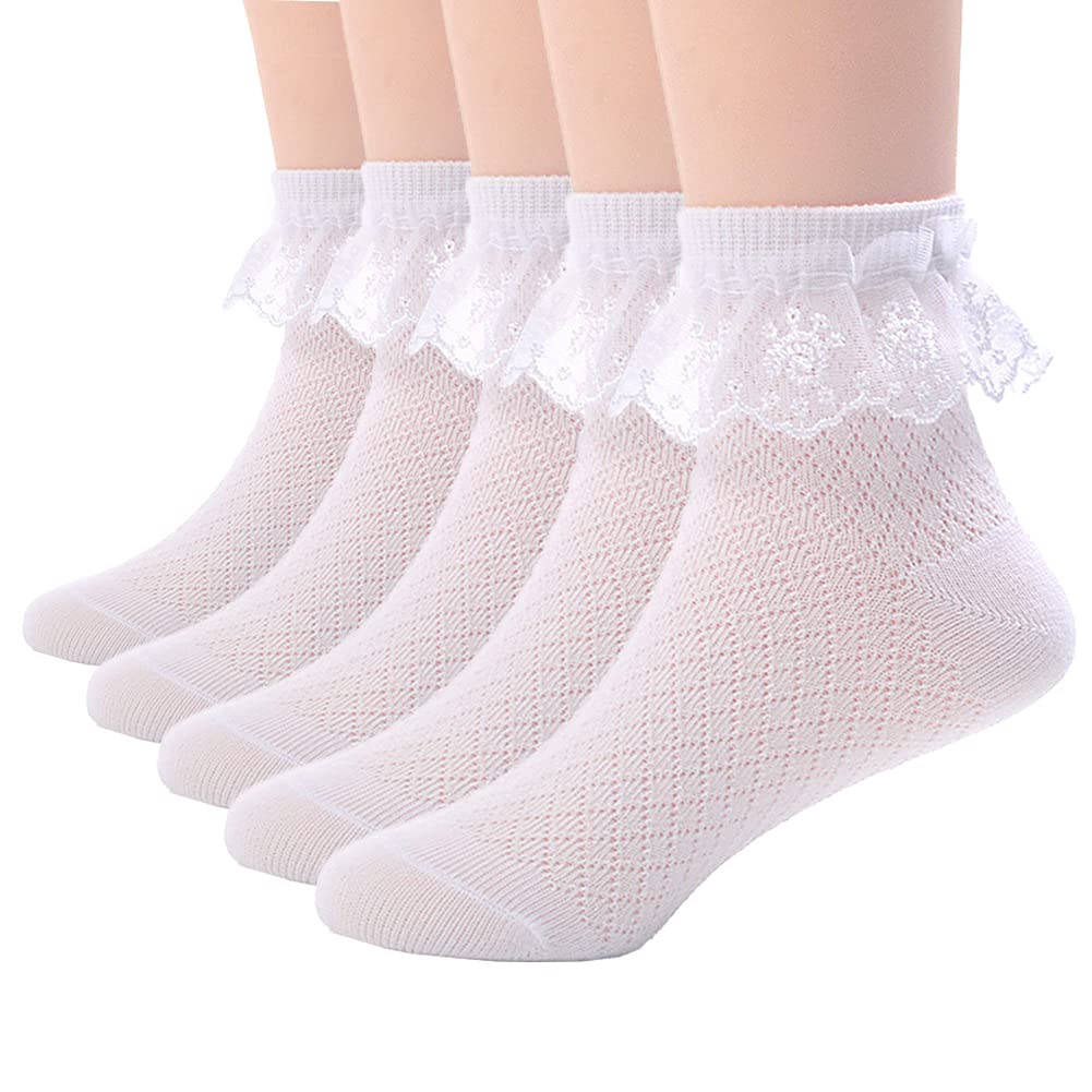 Looching 4/5 Pair Baby Girls Eyelet Ruffle Cotton Lace Socks White Princess Dress Socks For Toddler Kids Child 1-10 Years (as1, age, 8_years, 10_years, White)