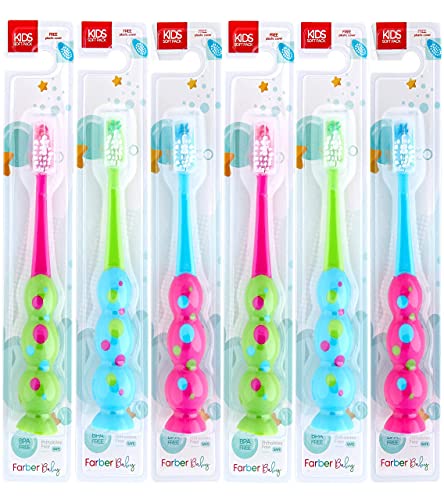 Farber Baby Kids Toothbrushes Set – Childrens Toothbrush 6 Pack with Compact, Extra Soft Bristles for Sensitive Teeth and Easy Grip Suction Cup Handles – Includes 6 Travel Covers (Pink, Blue, Green)