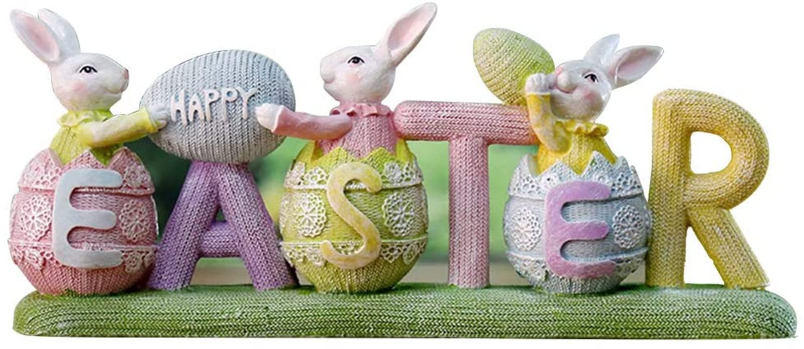 Abendedian Happy Easter Bunny Tabletop Decorations Resin Hand Painted Easter Eggs Bunny Figurines Ornament Garden Farmhouse Home Decor (13.4 * 2.4 * 5.5 inch, Style-B)