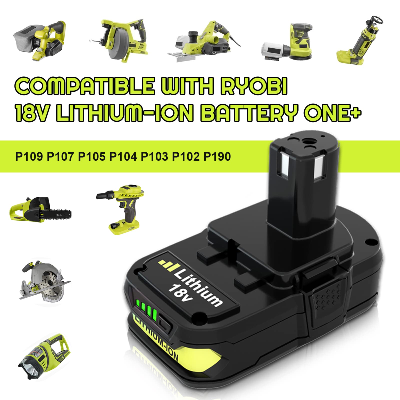 2-Pack 3.0Ah Replacement for Ryobi 18V Battery and Charger Compatible with Ryobi 18V Lithium Battery P102 P103 P104 P105 P107 P109 P108 P190 P122