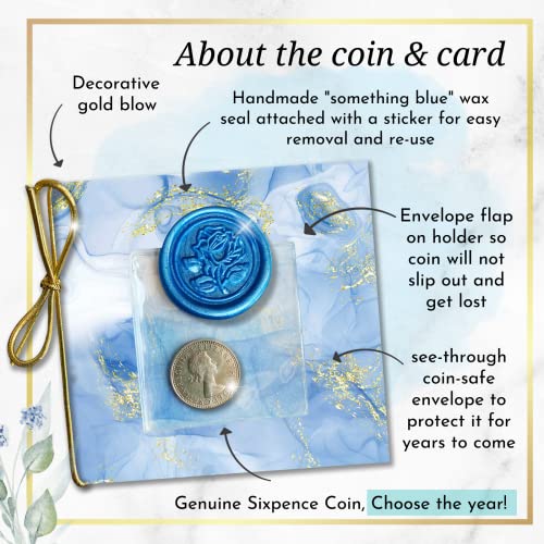 Authentic Silver Sixpence Coin For Bride's Shoe - 4 Piece Set Includes 1960 Sixpence, Sentimental Message Card, Something Old New Borrowed Something Blue Tradition Wedding Poem Card, Keepsake Gift Box