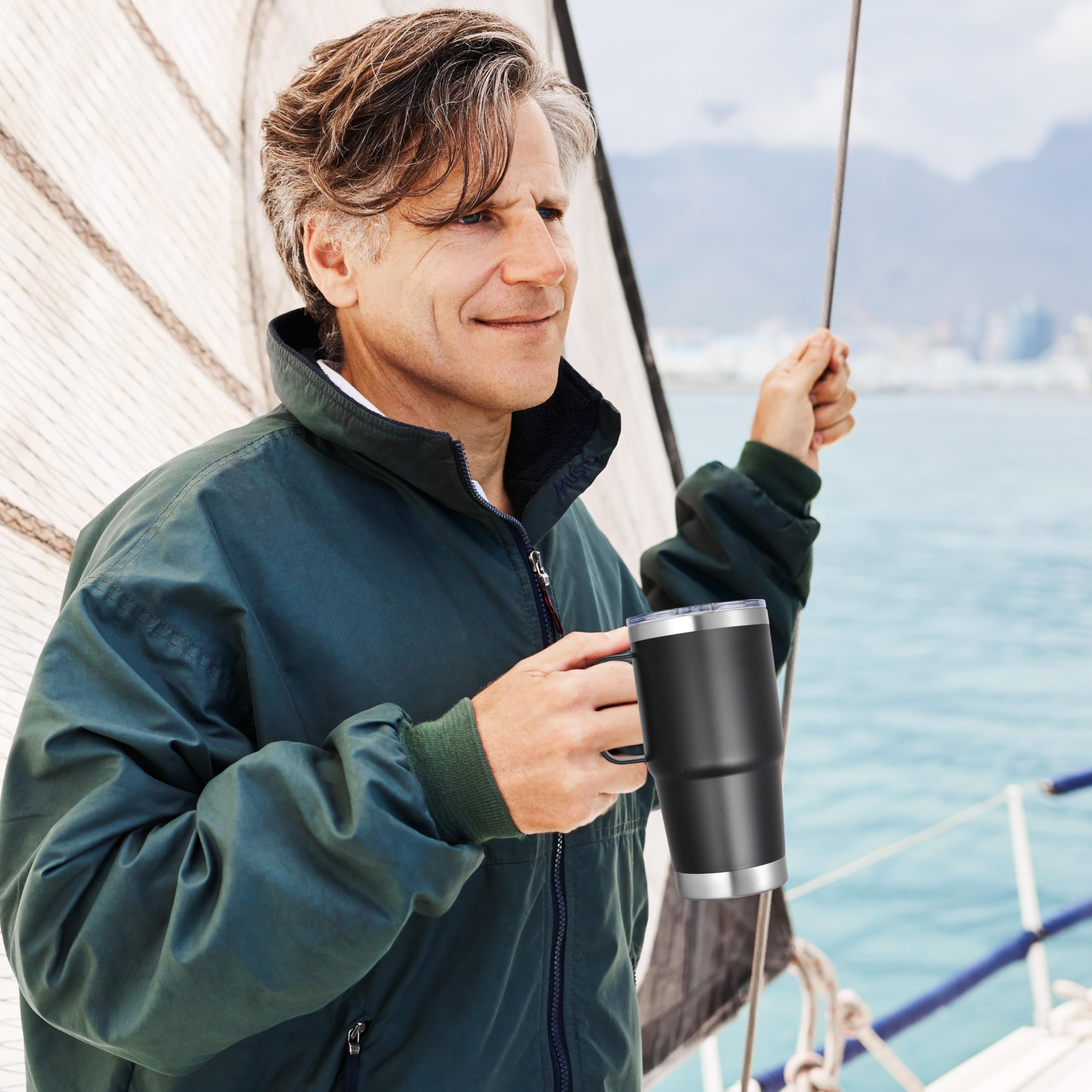 Abbrevi 20 oz Stainless Steel Tumbler with Handle Metal Insulated Coffee Travel Mug with Handle Double Wall Tumbler Cup with Lid and Straw, Black 1 Pack