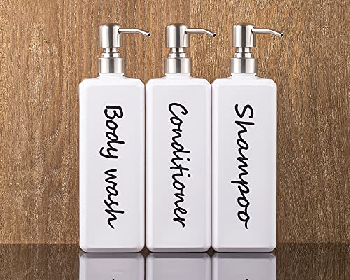 27 oz Reusable Shampoo and Conditioner Bottle set of 3 - With 304 Rust Proof Stainless Steel Pump, for Shampoo, Conditioner,Body Wash - Empty Plastic Refillable Containers for Shower (Silver)