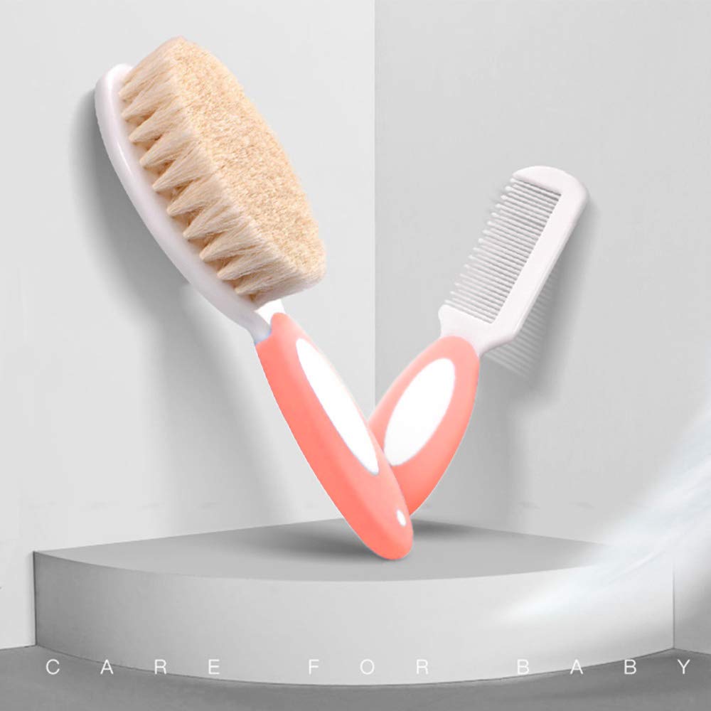 Baby Hair Brush and Comb Set for Newborns & Toddlers,Natural Soft Bristles,Ideal for Cradle Cap, Baby Registry Gift (Pink)