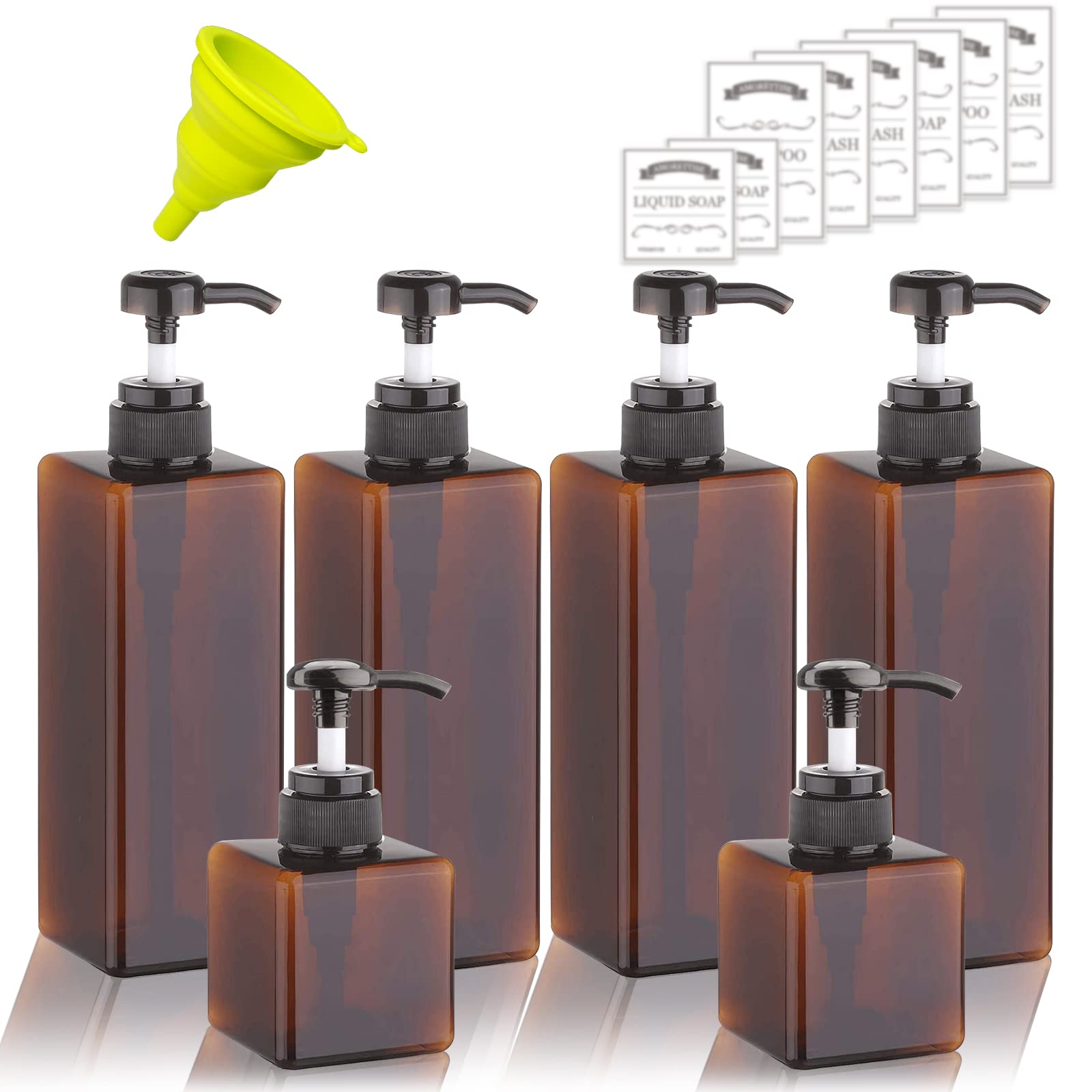 Amorettise 6 Pack Shampoo and Conditioner Dispenser Bottles - 4 Pack 22 Ounce and 2 Pack 8 Ounce Refillable Square Plastic Pump Bottles Shower Soap Dispenser for Shampoo Conditioner Body Wash (Amber)