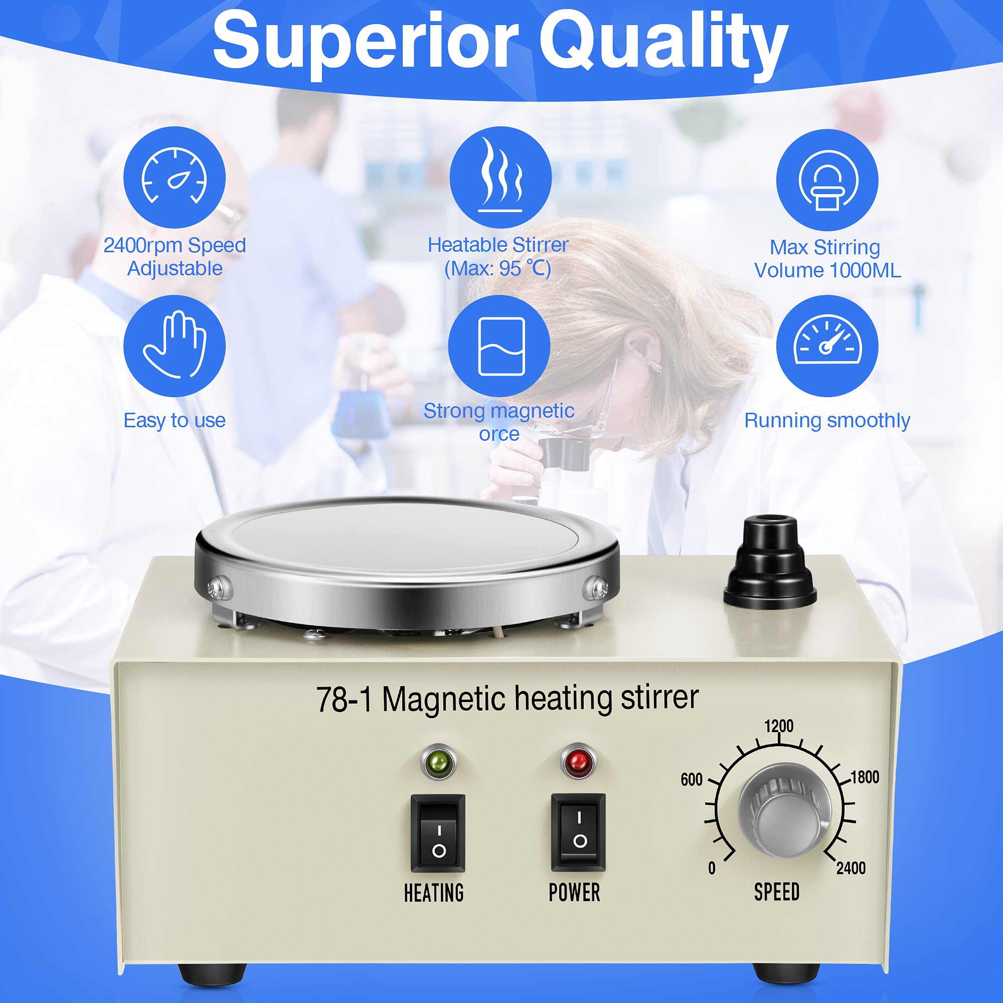 78-1 Magnetic Stirrer Hot Plate Magnetic Mixer 1000ml Lab Hot Plate with Magnetic Stirrer, 2400 RPM Magnetic Stir Plate with 4 Stir Bars and Support Stand, Max 158°F Hotplate Magnetic Stir