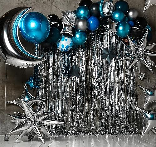 3 Pack Silvery Foil Fringe Backdrop Curtains,3.3 ft x 8.2 ft Silvery Door Streamers ,Silvery Gold foil Fringe Curtain Backdrop,for Photo Background Party Decorations, Graduation Decorations