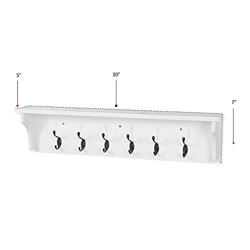 brightmaison Mante Entryway Organizer with Key Holder and Coat Rack, 6 Hooks for Hanging Face Masks, 30" Wood White