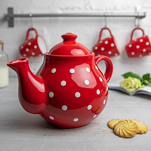 City to CottageĀ® Red and White Polka Dot Handmade Large Ceramic 1,7l/60oz/4-6 Cup Teapot with Handle and Lid, Unique Pottery Housewarming Gift for Tea Lovers