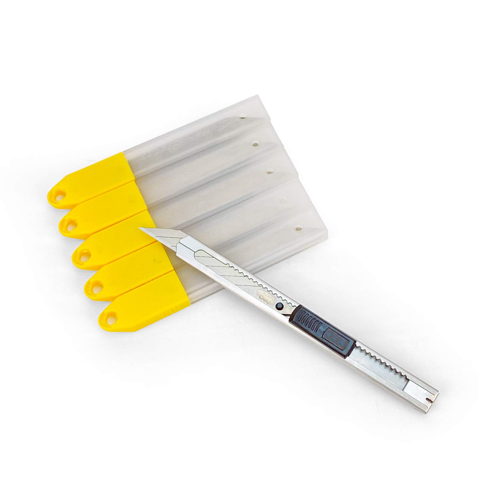 9mm Utility Knife Blades Replacement, 50 Pcs Snap-Off Blades with a Retractable Utility Knife, Carbon Steel Blades For Vinyl Knife, Box Cutter, Craft Knife, Use in Office, Home, Arts, Crafts