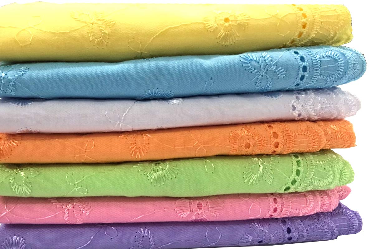 AMORNPHAN Set of Daisy Floral Flower Embroidered Eyelet Lace 100% Cotton Quilting Fabric for Patchwork Needlework DIY Handmade Sewing Crafting Decor Face mask Precut 18x22 Inches (Set of 7 Pieces)