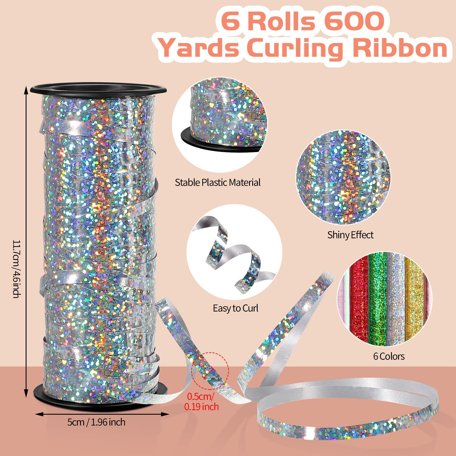 6 Rolls Curling Ribbon Set, 600 Yards (1800 Ft) 1/5 Inch Balloon String Ribbon Thin Ribbons for Gift Wrapping Art Crafts Wedding Birthday Party Christmas Decorations