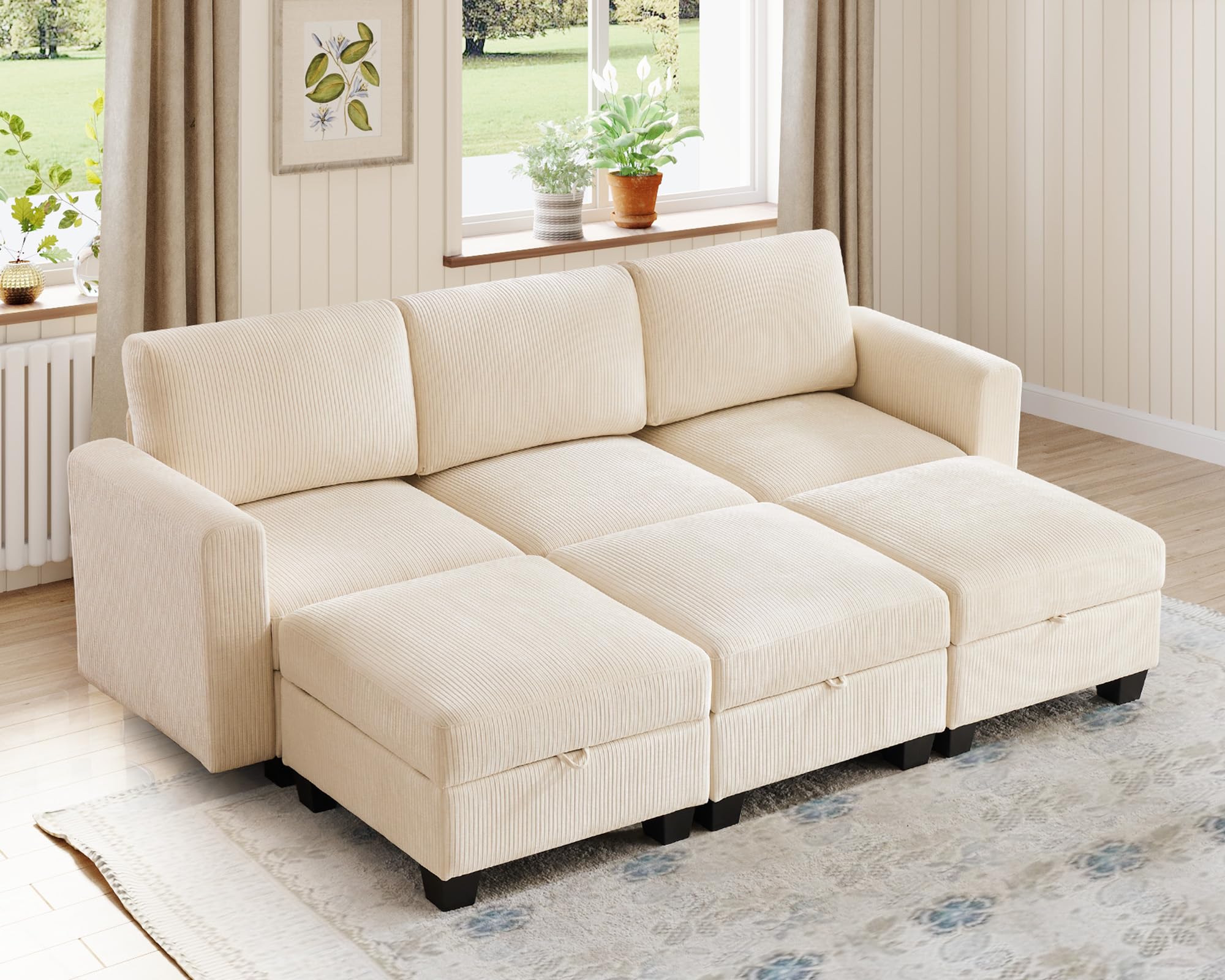 ABCASA Modular Sectional Sofa with Storage Chaises,Modular Sleeper Sofa Couch 6 Seat Sectional Sofa Bed Couch for Living Room,Apartment,Corduroy,Ivory