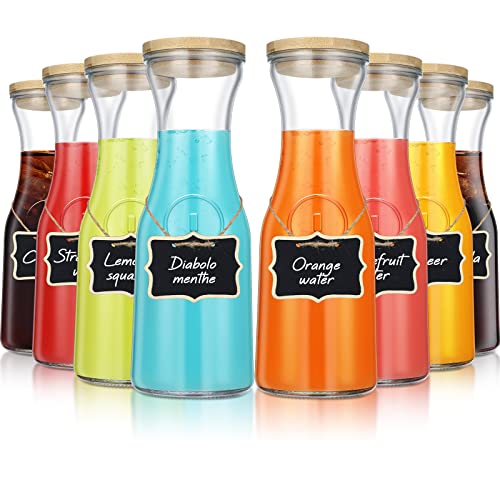 8 Pcs 1 Liter Glass Carafe with Lids Glass Pitchers Clear Water Carafe Juice Containers with Lids for Fridge Beverage Glass Juice Bottles and 8 Pcs Wooden Chalkboard Tags for Mimosa Bar Wine Milk Tea