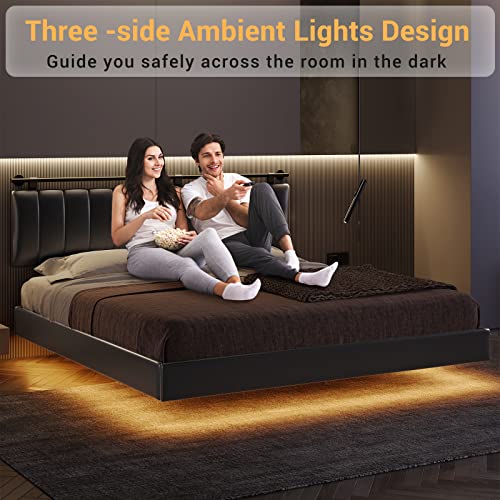 DICTAC King Floating Bed Frame with LED Lights and Wall Mounted Headboard Modern Upholstered Platform Low Profile LED Bed Frame King Size, No Box Spring Needed, Noise Free, Easy Assembly,Black