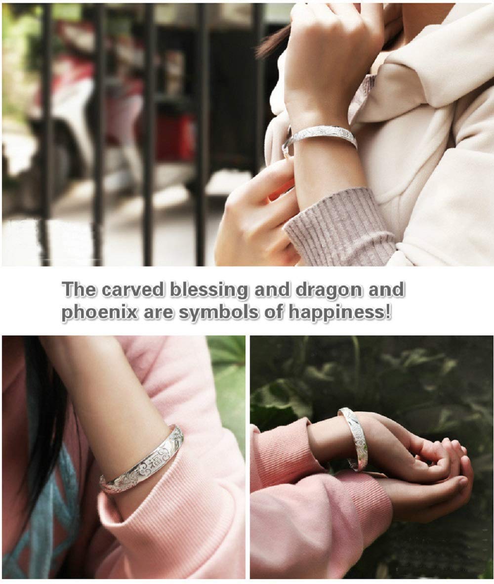 ABIRTE Women's 999 Solid Sterling Silver Chinese Dragon Phoenix Carved Adjustable Bangle Bracelet 15g Weight for Women,Ladies and Elder.