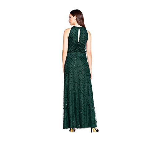 Adrianna Papell Womens Art Deco Beaded Blouson Dress with Halter Neckline, Dusty Emerald, 12