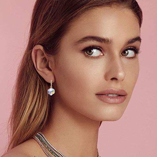 Austrian Crystal Cube Drop Dangle Earrings for Women 14K Gold Plated Hypoallergenic Jewelry (Aurora Borealis)