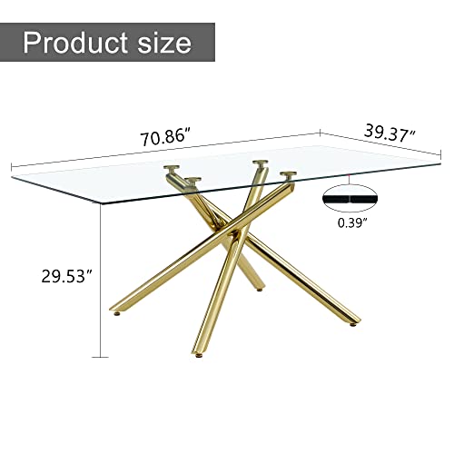 71inch Glass Dining Table for 6, Rectangle Kitchen Table with Golden Legs, Marble Texture Top Dining Table for 8, Dinner Dining Room Table for Home Kitchen Meeting Banquet