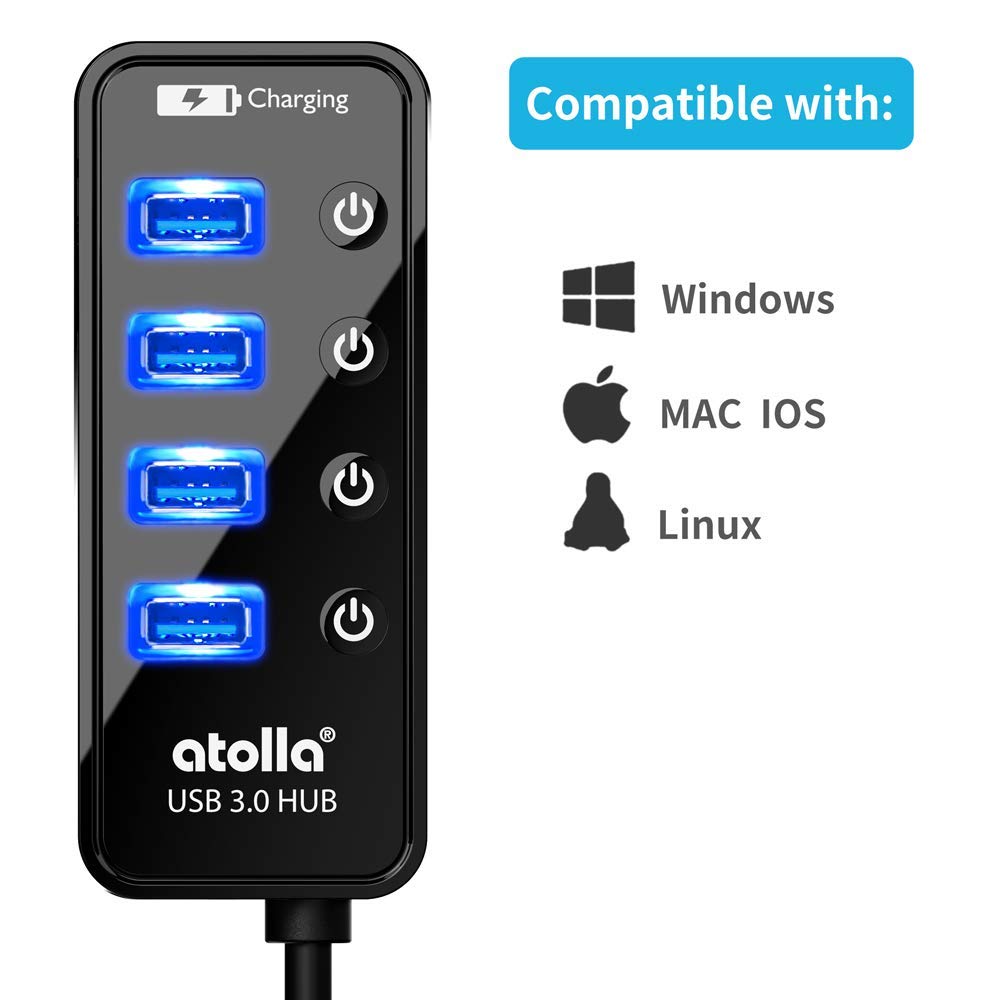 atolla 4-Port USB 3.0 Hub, USB Splitter with Individual On/Off Switches & LED