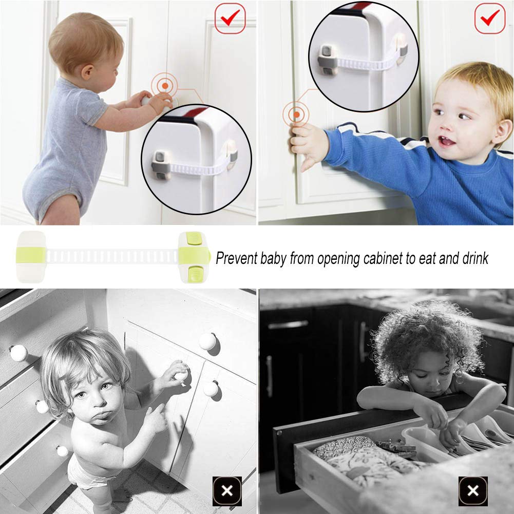 Child Safety Locks, Adjustable S Latches to Cabinets, Drawers, Cupboard, Oven, Fridge, Closet, Seat, Door, Window, No Tools or Drilling Required (Green)