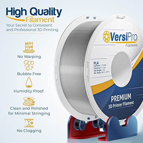 PLA 3D Printer Filament | Silver PLA Filament 1.75mm | 1KG Spool (2.2lbs) - Fits Most FDM Printers | Dimensional Accuracy +/- 0.03 mm | 3D Printing Filament 1.75 Will Not Warp, Clog or Break