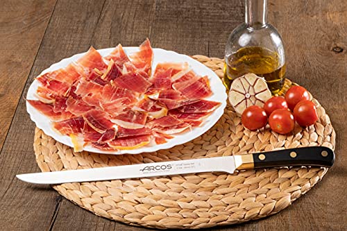 ARCOS Carving Knife 10 Inch Stainless Steel. Ham Slicer Knife for Cutting Ham and Meat. Ergonomic Polyoxymethylene Handle and 250mm Blade. Series Regia. Color Black/Gold