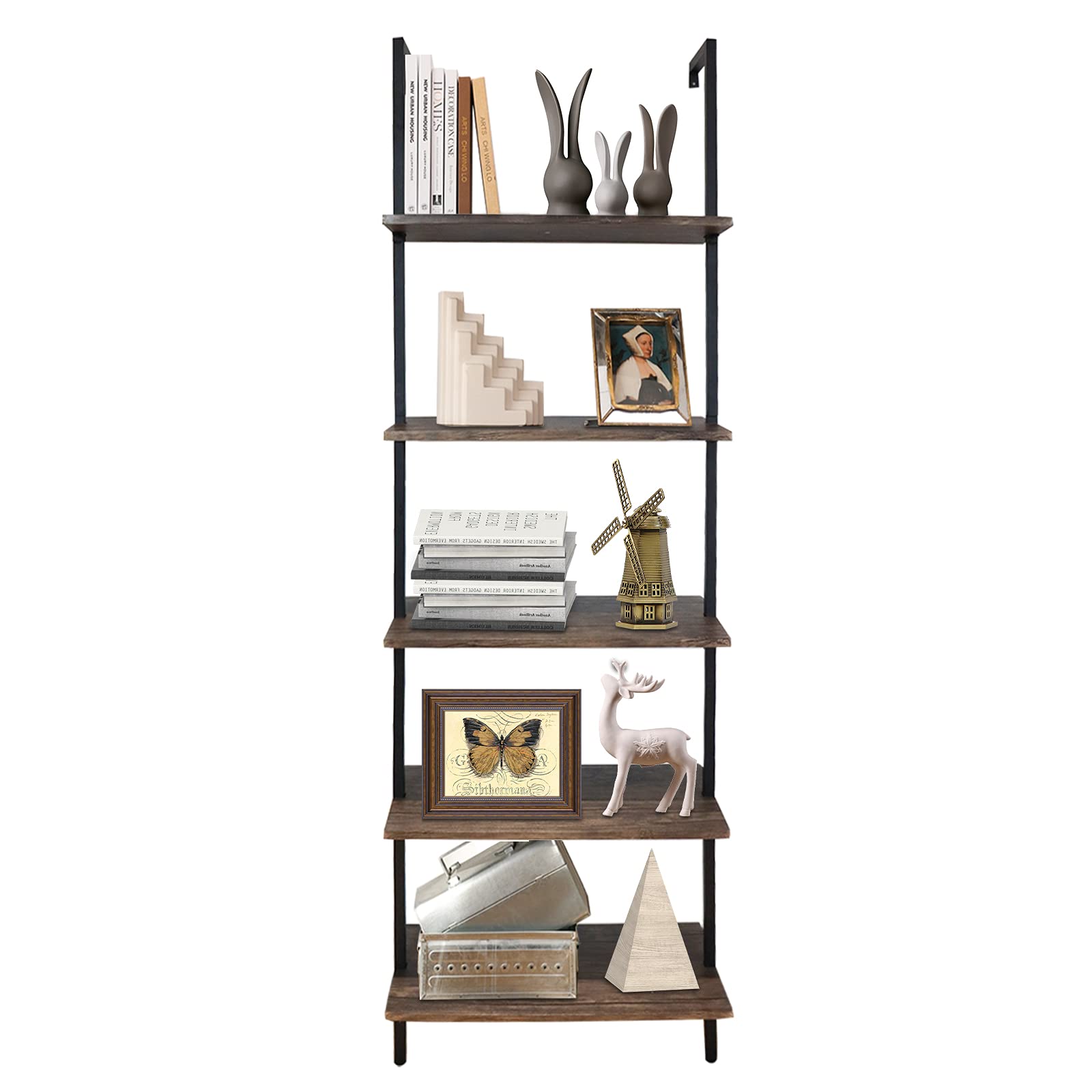 aboxoo Ladder Shelf Open Bookshelf 5-tier Wall-mounted Wood Bookcase Storage Rack Open back Industrial Modern Plant Flower Stand Utility Organizer Bookcase Metal Frame Furniture Office Kitchen Bedroom