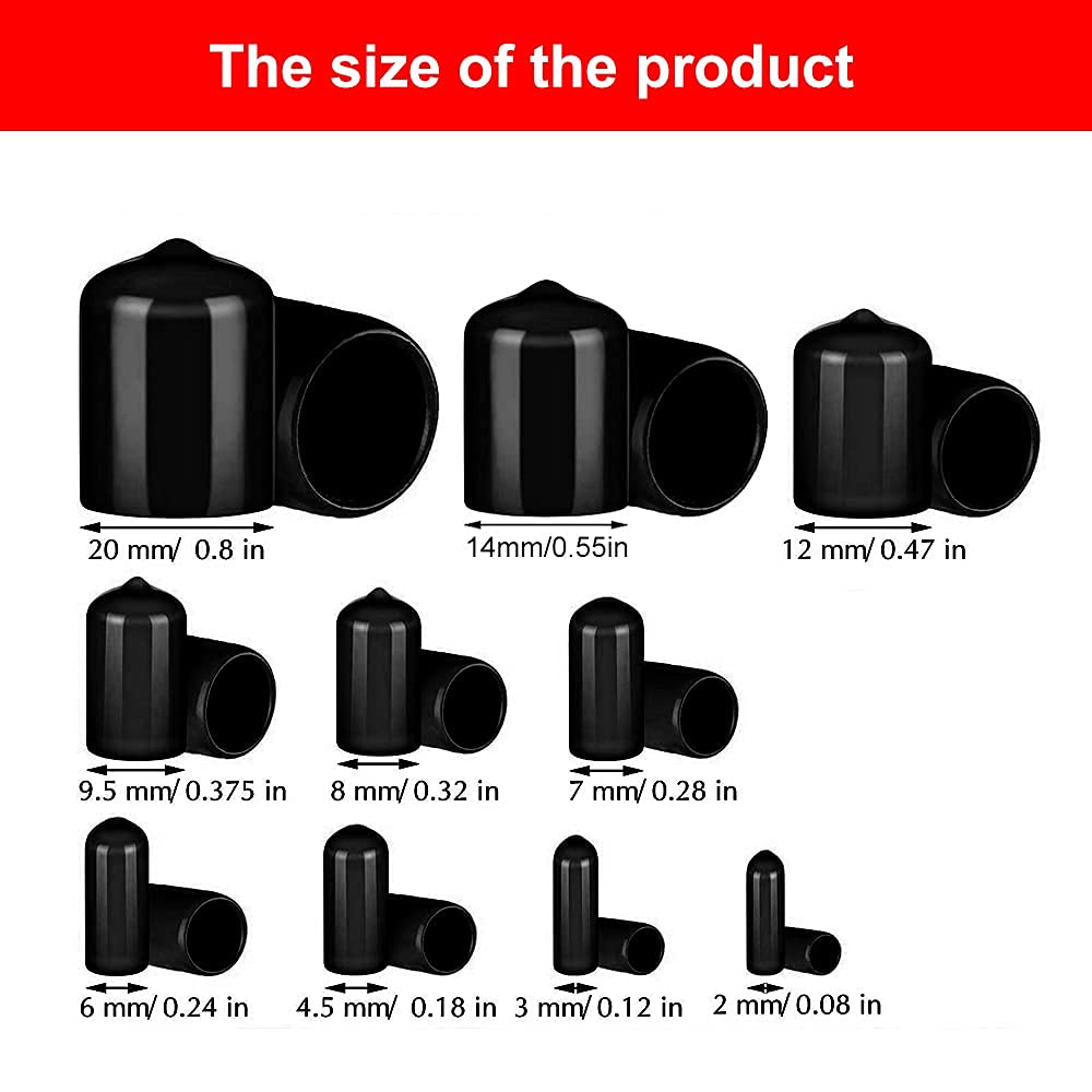 200PCS Rubber Caps Bolt Screw Cap Covers, Bolt Covers Caps Rubber End Caps Vacuum Caps, Bolt Screw Cover Rubber Nipple Cap Rubber Tip in 10 Sizes from 2/25 to 4/5" for Protecting Pipe Post Tubing Rod